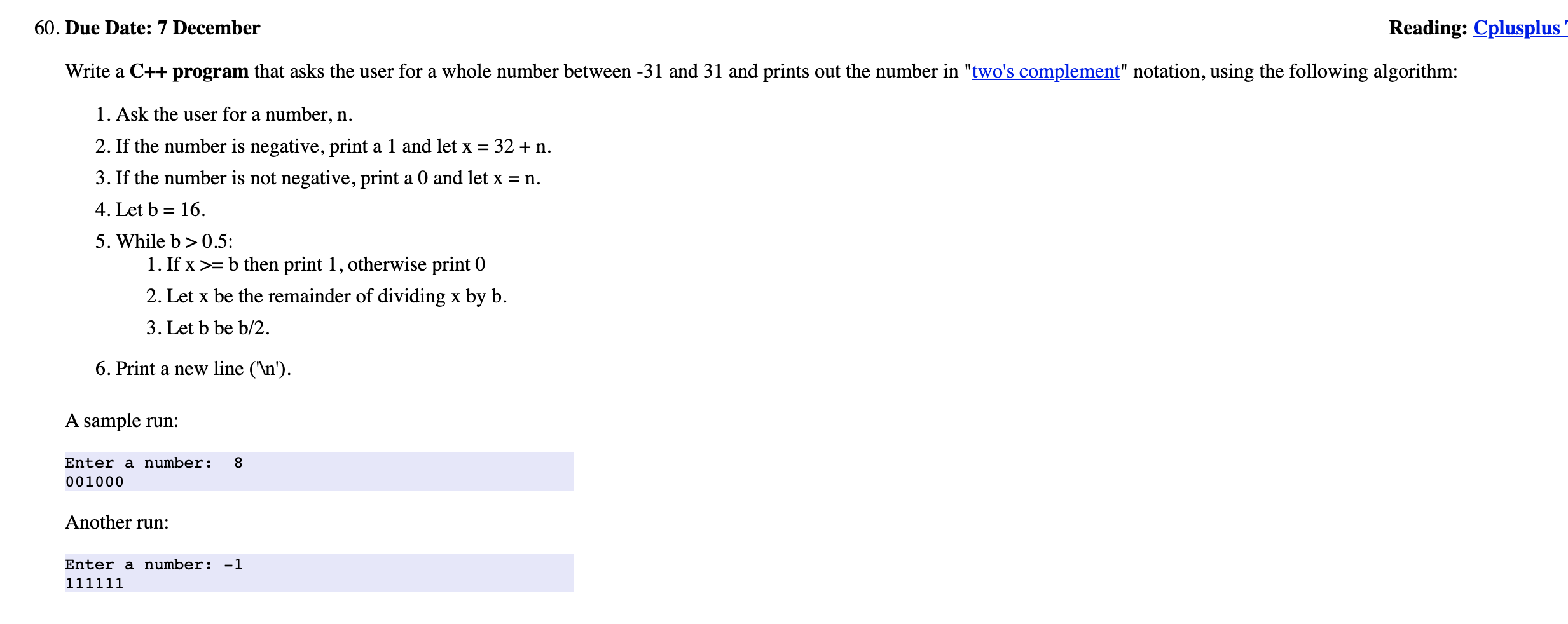 Solved 60. Due Date: 7 December Reading: Cplusplus" Write a | Chegg.com