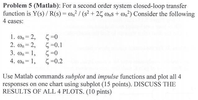Solved Problem 5 (Matlab): For a second order system | Chegg.com