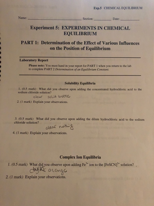 Solved Exp.5 CHEMICAL EQUILIBRIUM Name: Section Date: | Chegg.com