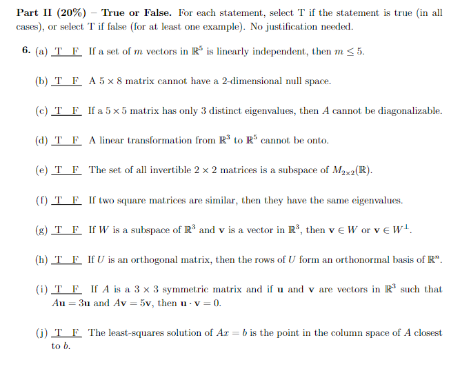Solved Part II (20%) - True or False. For each statement, | Chegg.com