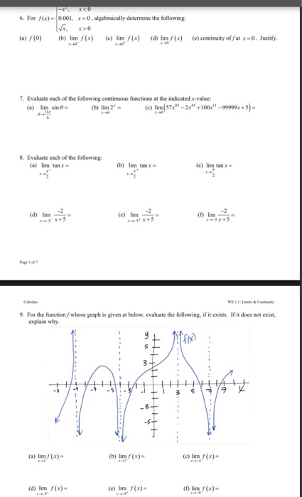 Solved Name Worksheet 1.1-Limits&Continuity Short Answer: | Chegg.com