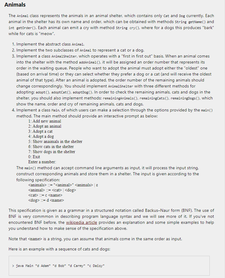 Animals The Animal class represents the animals in an | Chegg.com