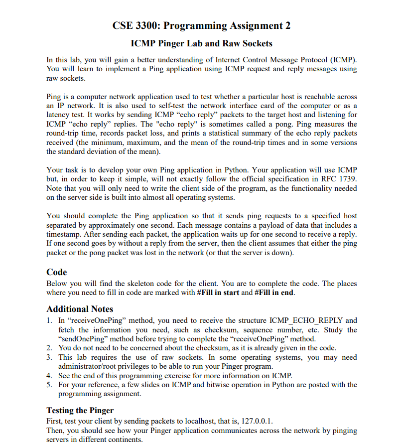 CSE 3300: Programming Assignment 2 ICMP Pinger Lab | Chegg.com