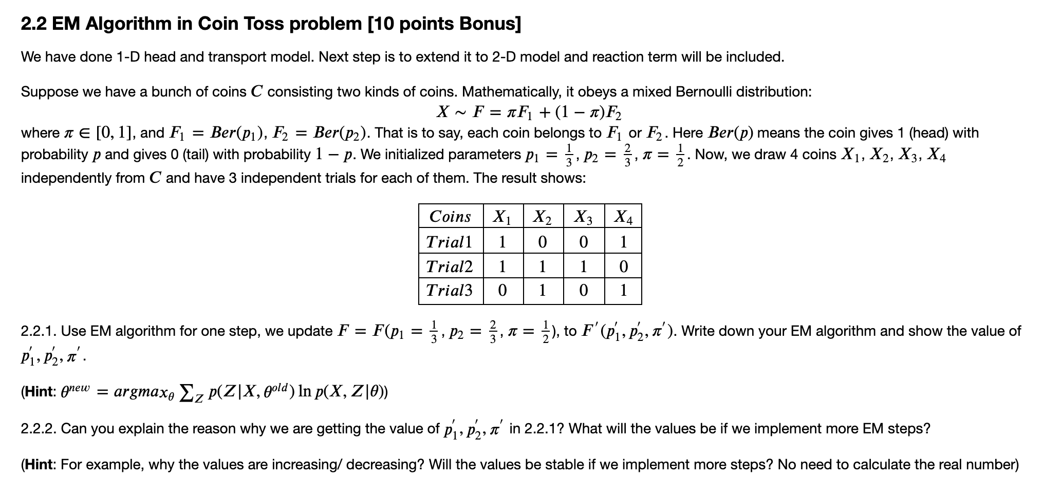 2.2 EM Algorithm in Coin Toss problem (10 points | Chegg.com