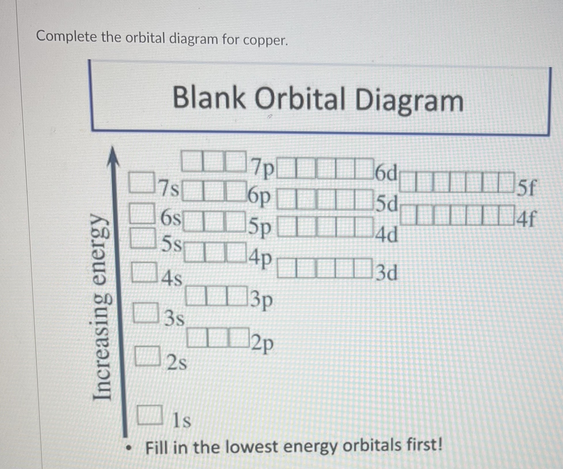 Solved Complete the orbital diagram for copper.Blank Orbital | Chegg.com