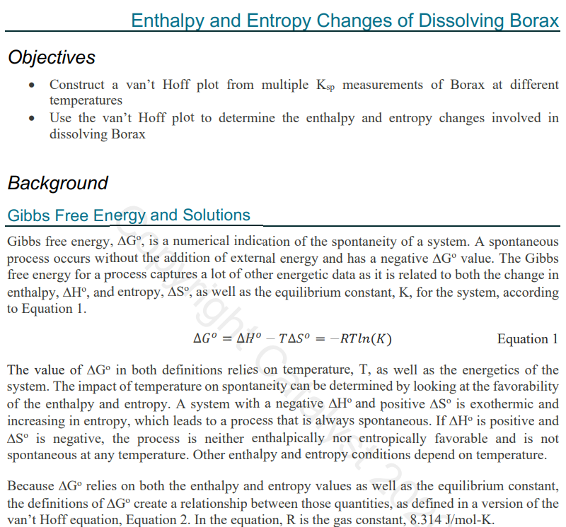 Enthalpy and Entropy Changes of Dissolving Borax Data | Chegg.com