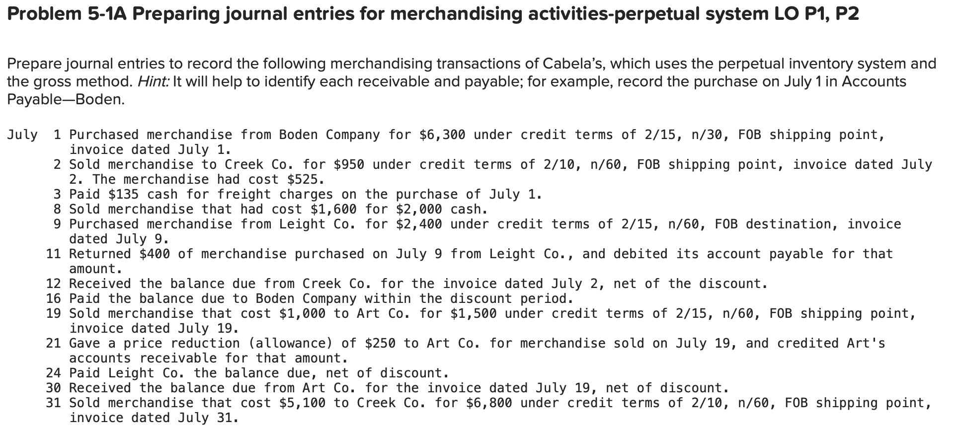 Solved Problem 5-1A Preparing journal entries for | Chegg.com