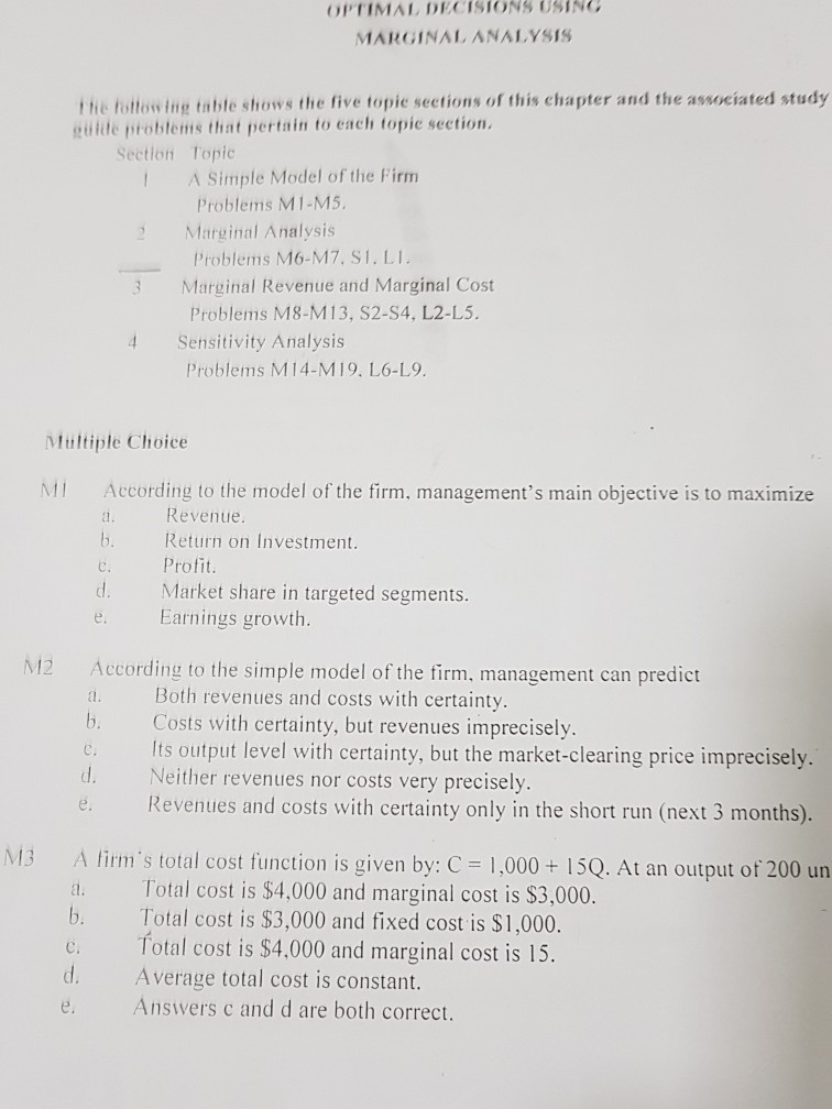 Solved OPTIMAL DECISIONS USING MARGINAL ANALYSIS t he fottow | Chegg.com