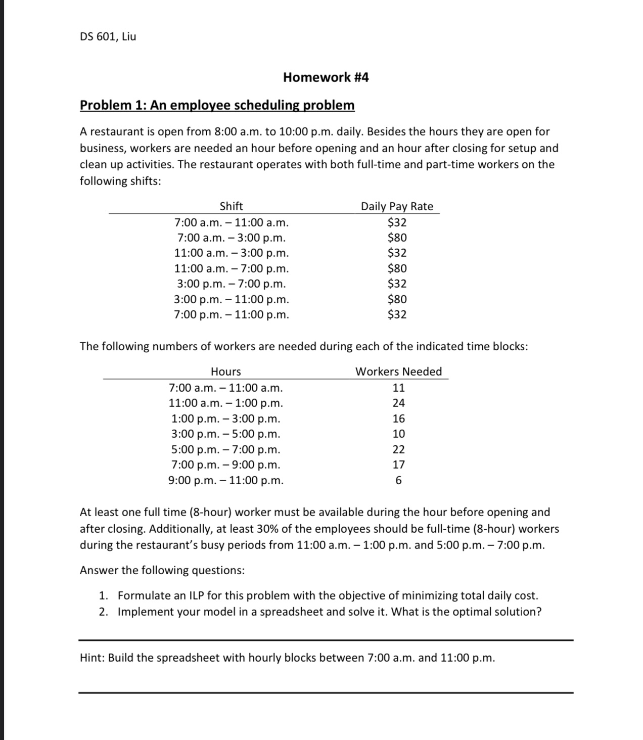 Solved Homework \#4 ﻿Problem 1: An employee scheduling | Chegg.com