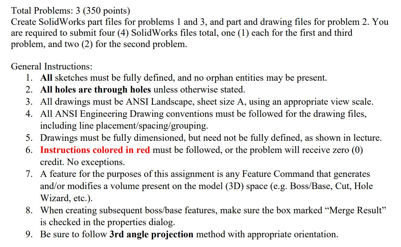 Solved Total Problems: 3 (350 points) Create SolidWorks part | Chegg.com