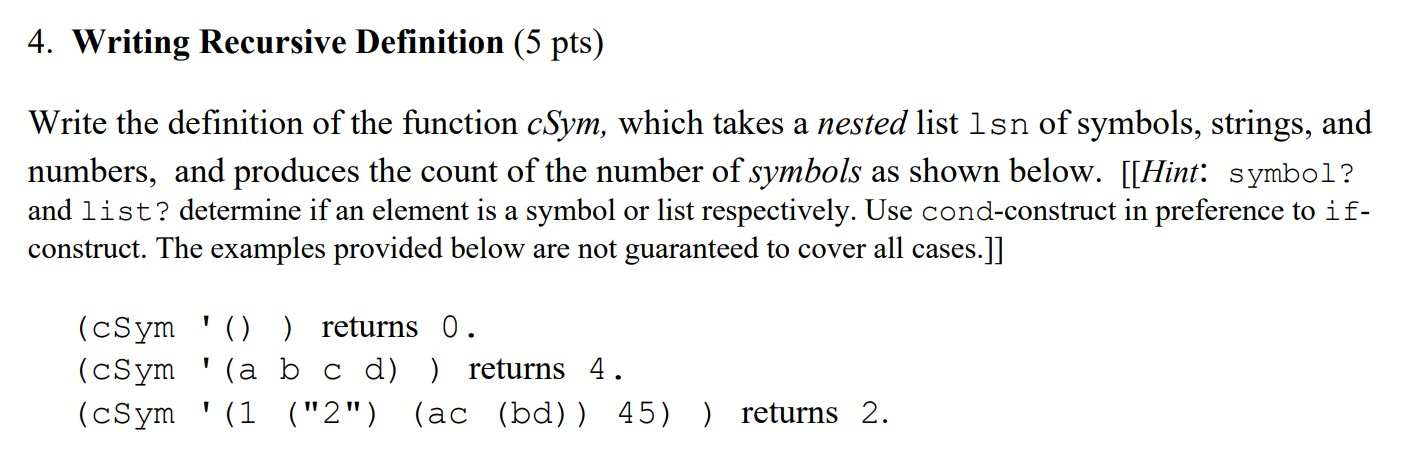 Solved 4. Writing Recursive Definition (5 pts) Write the | Chegg.com