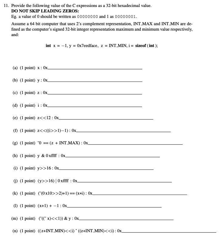 Solved 11. Provide the following value of the C expressions | Chegg.com