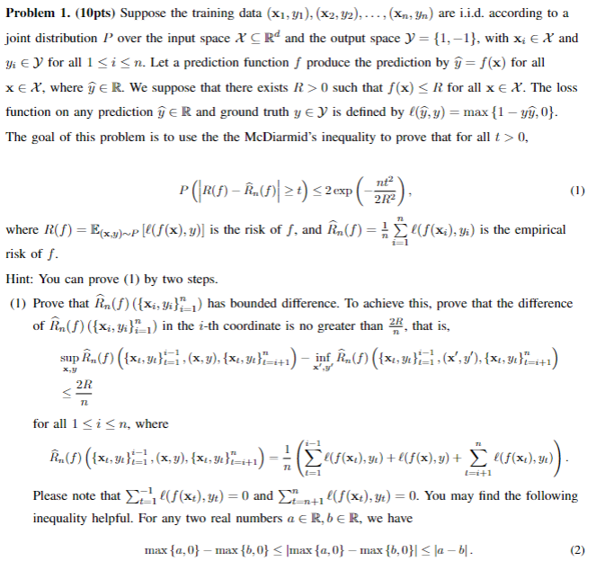 Problem 1. (10pts) Suppose the training data (x1, | Chegg.com Problem 1. (10pts) Suppose the training data (x1, | Chegg.com