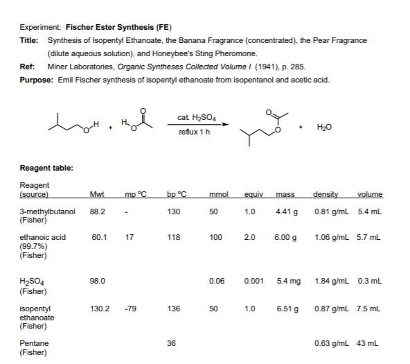 Solved Experiment: Fischer Ester Synthesis (FE) Title: | Chegg.com