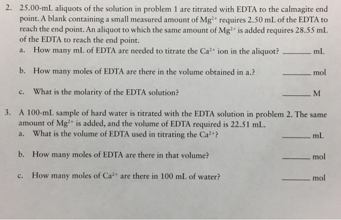 Solved 2. 25.00-mL aliquots of the solution in problem 1 are | Chegg.com