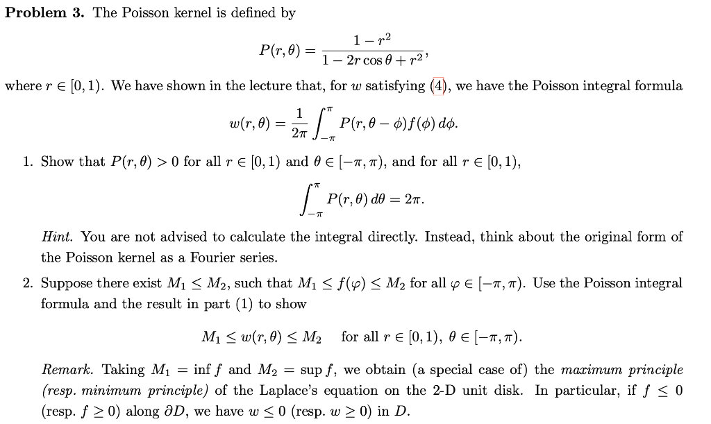 Solved Problem 3. The Poisson kernel is defined by 1-p2 P(r, | Chegg.com