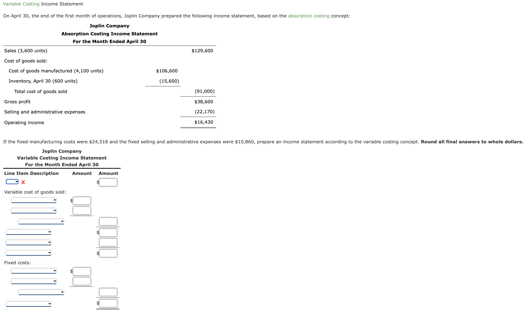 Solved Variable Costing Income Statement On April 30 The
