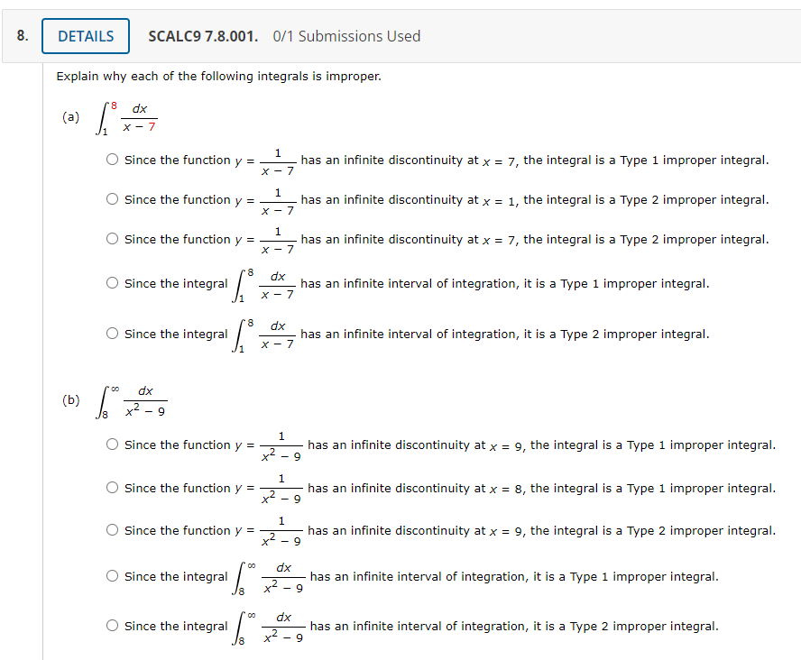 Solved Explain why each of the following integrals is | Chegg.com