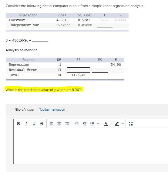 Solved Consider the following partial computer output from a | Chegg.com