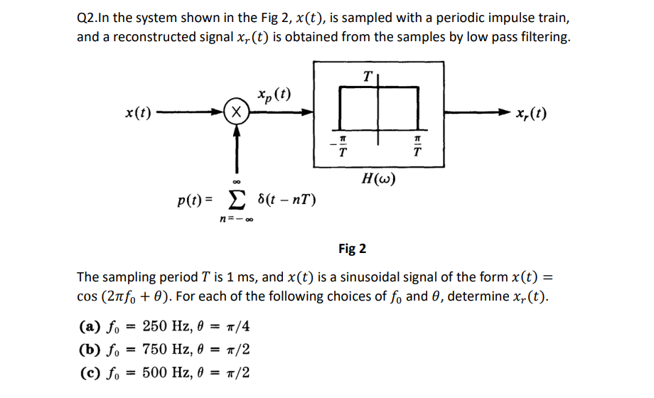 Solved Q2.In the system shown in the Fig 2,x(t), is sampled | Chegg.com