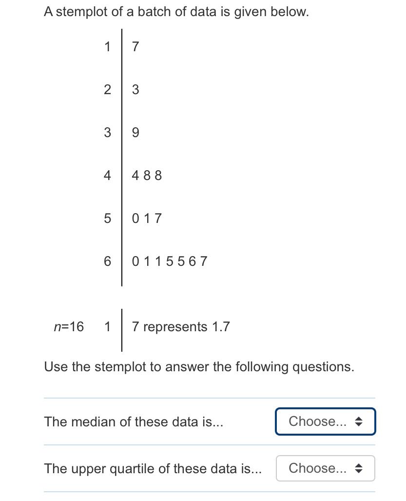 Solved A stemplot of a batch of data is given below. 1 7 2 3 | Chegg.com