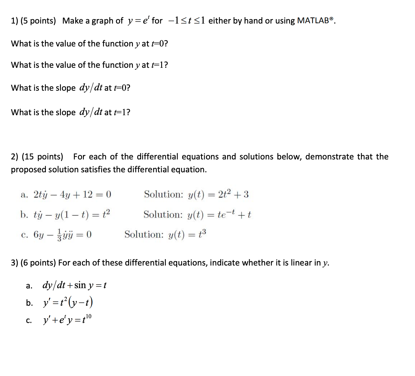 Solved 1) (5 points) Make a graph of y=et for −1≤t≤1 either | Chegg.com