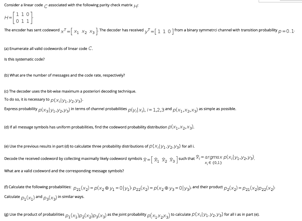 Solved Consider a linear codec associated with the following | Chegg.com