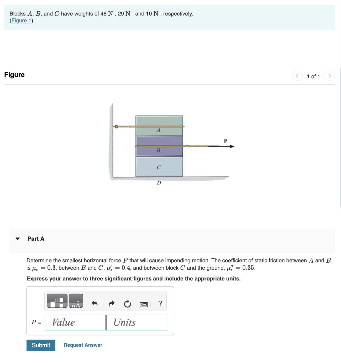 Solved Blocks A,B, ﻿and C ﻿have weights of 48N,29N, ﻿and 10 | Chegg.com