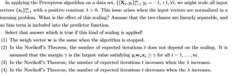 In applying the Perceptron algorithm on a data set, | Chegg.com