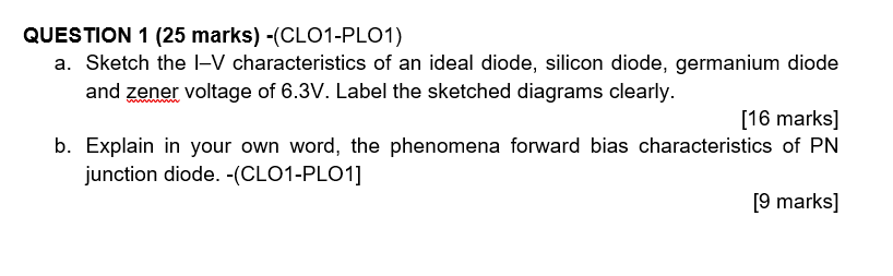 Solved QUESTION 1 (25 marks) -(CLO1-PLO1) a. Sketch the l-V | Chegg.com