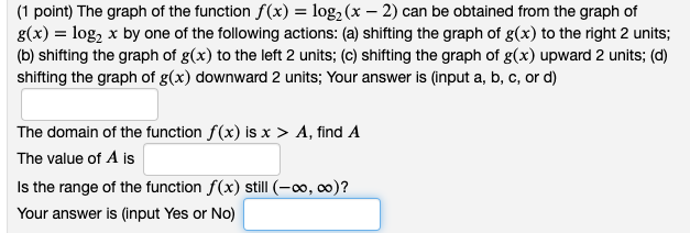 Solved (1 point) The graph of the function f(x) = log2 (x - | Chegg.com