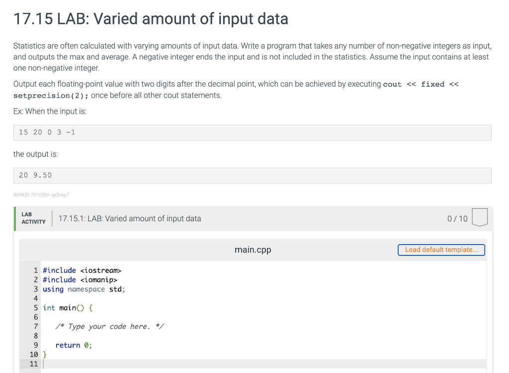 Solved 17.15 LAB: Varied amount of input data Statistics are | Chegg.com