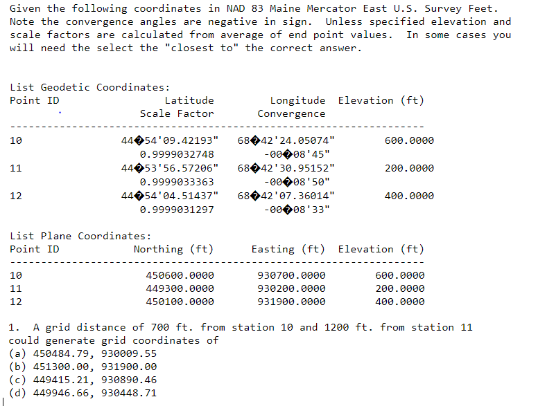 Solved Given the following coordinates in NAD 83 Maine | Chegg.com
