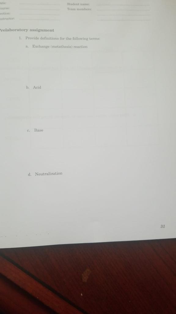 Solved Student me Team members section Prelaboratory | Chegg.com