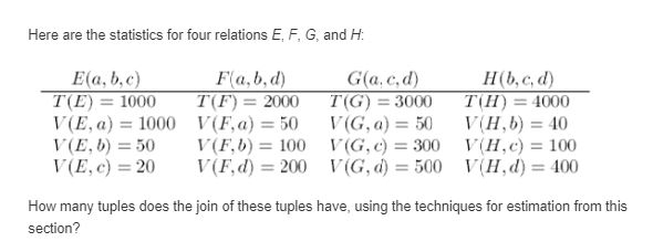 Here are the statistics for four relations E, F, G, | Chegg.com