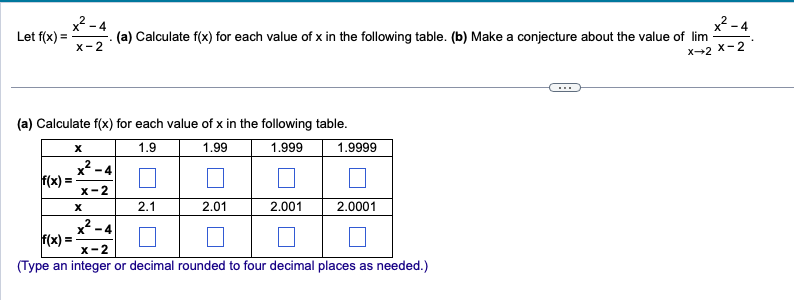 Solved Let f(x)=x−2x2−4. (a) Calculate f(x) for each value | Chegg.com