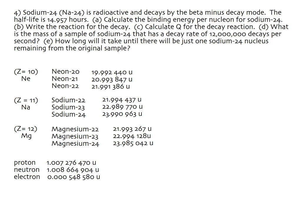 Solved 4) Sodium-24 (Na-24) is radioactive and decays by the | Chegg.com