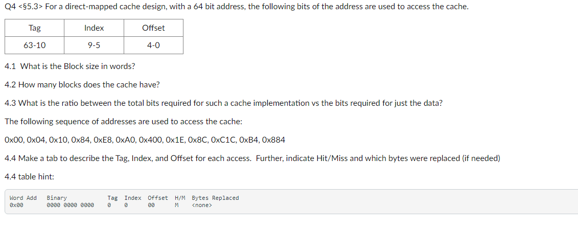 Solved Q4 For a direct-mapped cache design, with a 64 | Chegg.com