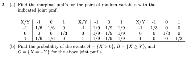 Solved 2. (a) Find the marginal pmf's for the pairs of | Chegg.com