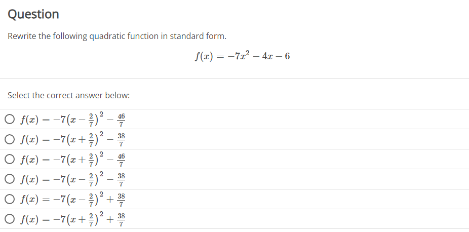 Solved Rewrite the following quadratic function in standard | Chegg.com
