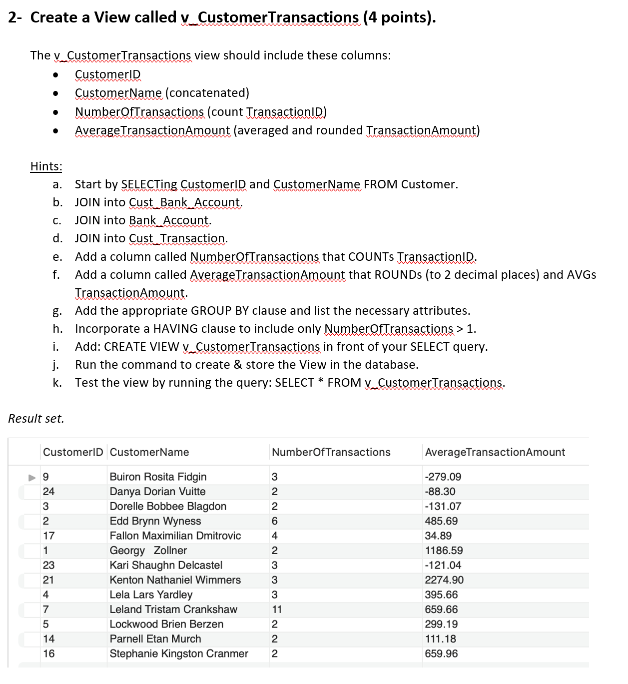 Solved 2- Create a View called v_CustomerTransactions (4 | Chegg.com