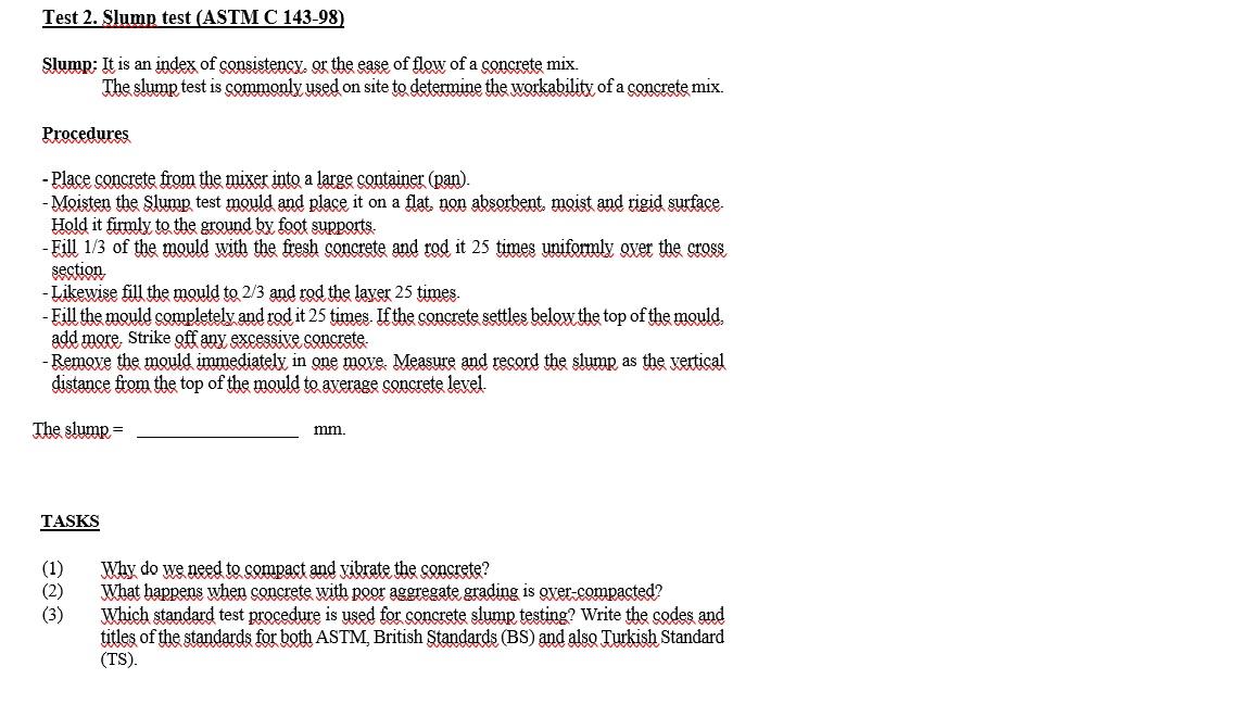 Solved Test 2. Slump test (ASTM C 143-98) Slump: It is an | Chegg.com