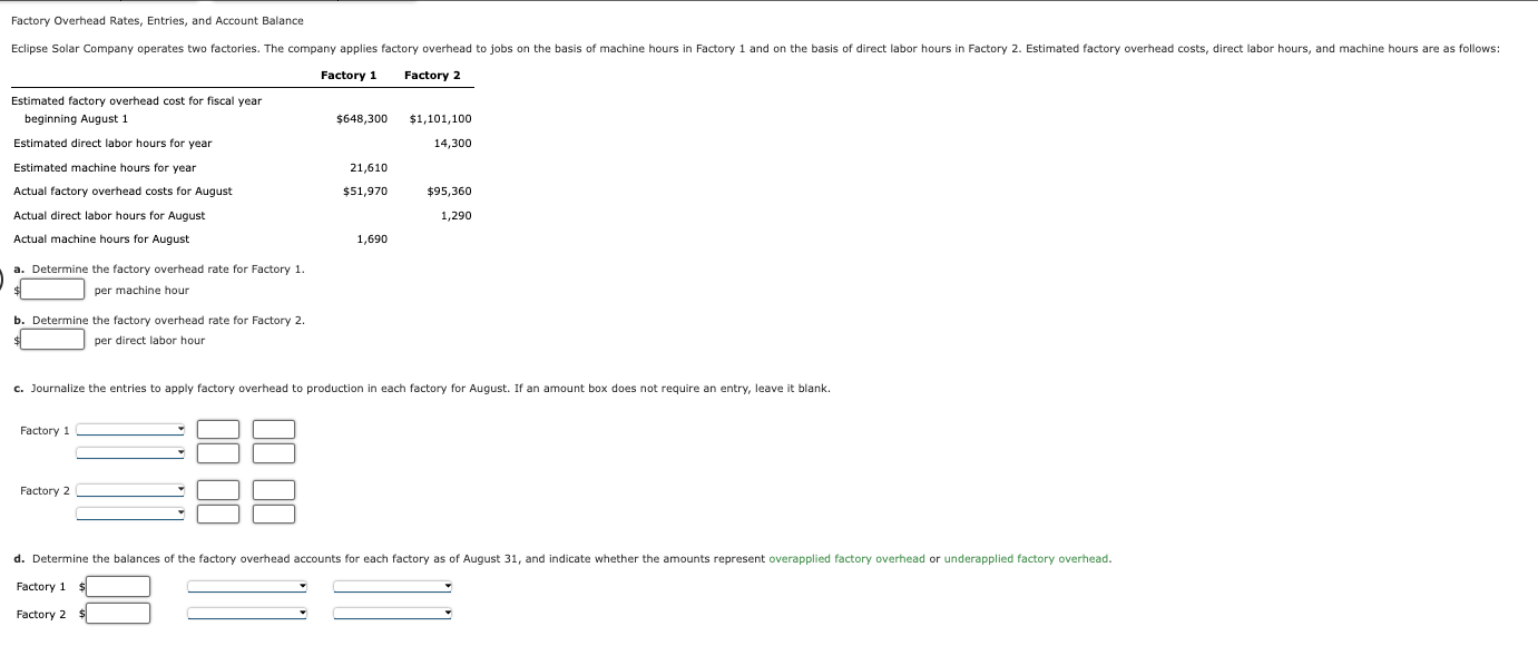 Solved a. Determine the factory overhead rate for Factory 1. | Chegg.com