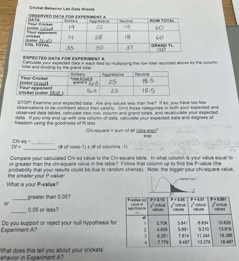 Solved Cricket Behavior Lab Data Sheets EXPECTED DATA FOR | Chegg.com