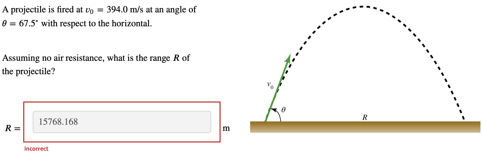 Solved A projectile is fired at v0=394.0 m/s at an angle of | Chegg.com
