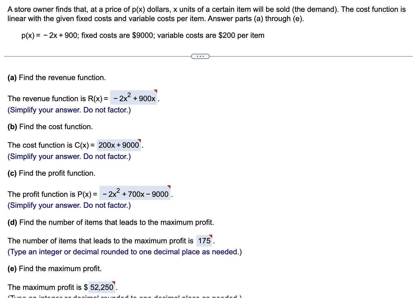 Solved A store owner finds that, at a price of p(x) dollars, | Chegg.com