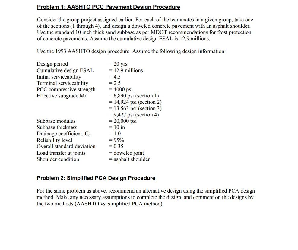 Problem 1: AASHTO PCC Pavement Design Procedure | Chegg.com