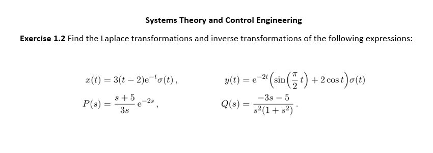 Solved Systems Theory and Control Engineering Exercise 1.2 | Chegg.com