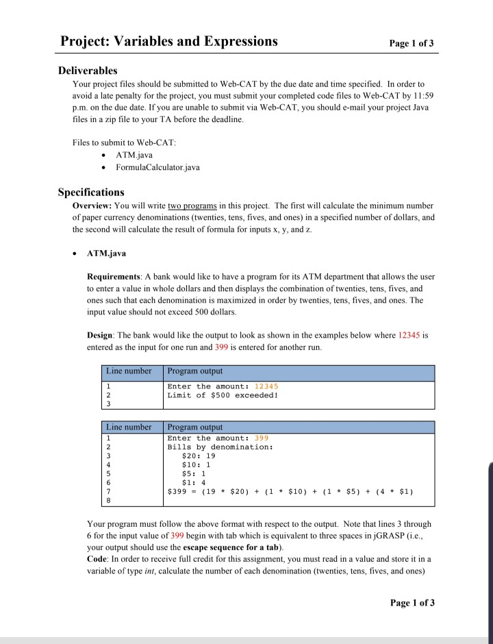 Solved Project Variables And Expressions Page 1 Of 3