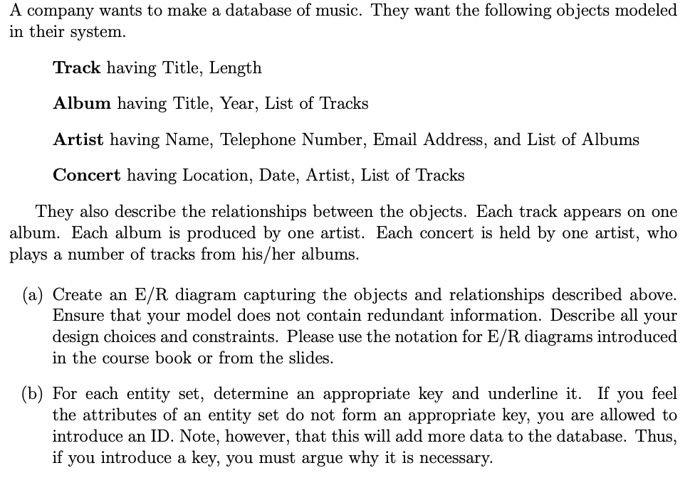 Solved A company wants to make a database of music. They | Chegg.com
